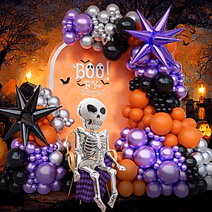 161Pcs Halloween Balloons Garland Arch Kit,Black and Orange Balloons with Skeleton Pumpkin Foil Balloons, Silver Purple Metallic Balloons for Halloween Party Decorations Birthday