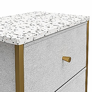 REALROOMS Korbin 3 Drawer Fabric Bin Organizer with Metal Frame, Terrazzo/Gold