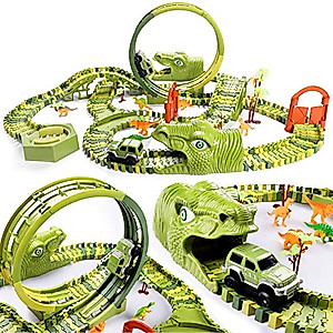 Dinosaur Race Car Track Toys, 400 pcs Create Dinosaur World Road Race, Flexible Tracks with 360 Loop and Auto Turntable Playset, 2 Cars, 2 Dinosaur Head, Gift for Kids Ages 3 4 5 6 Year Old Boys Girls