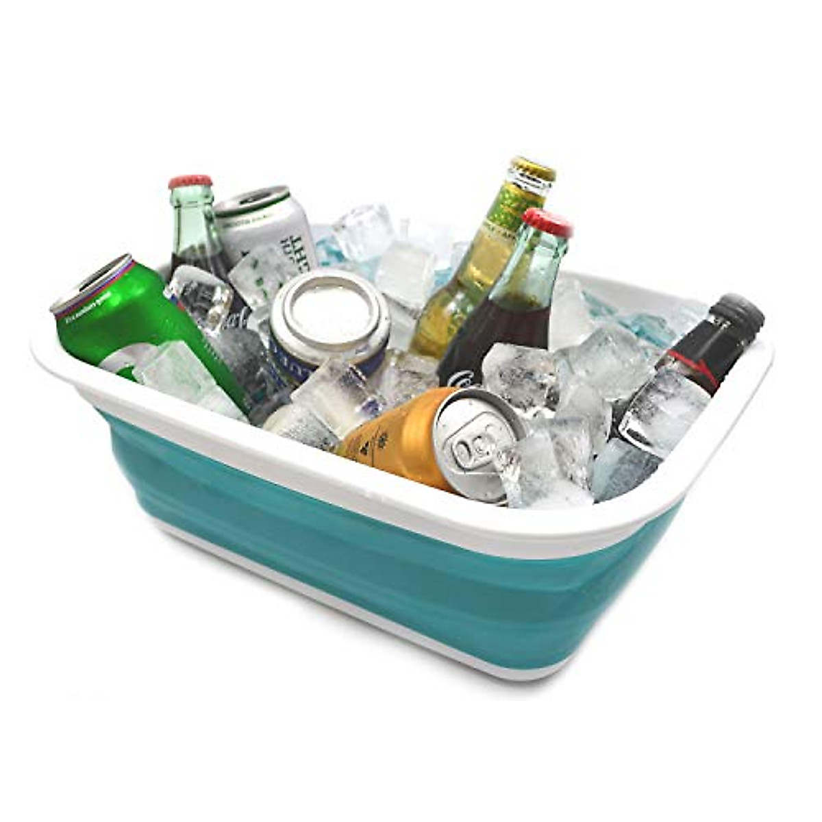 SAMMART 2 pcs Set : 42L (11 Gallon) Collapsible Plasic Laundry Basket & 9.2L (2.37 Gallon) Collapsible RectangularTub (Laundry Basket+Tub, Light Green+Bright Blue)