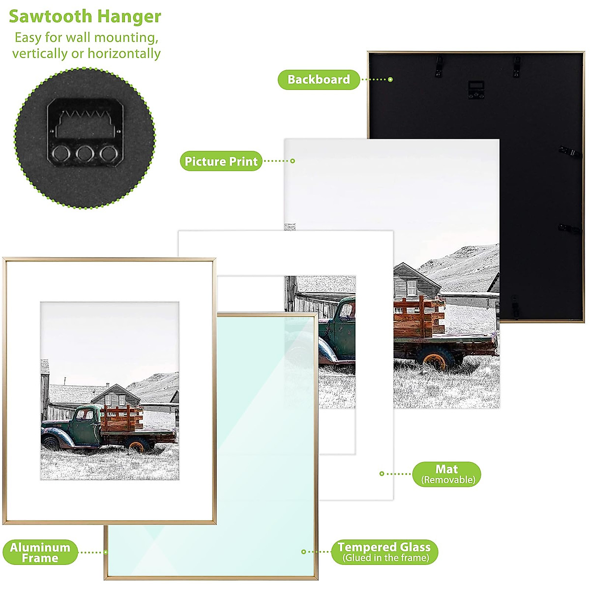 Golden State Art, 16x20 Gold Picture Frame Displays Photo 11x14 with Mat or 16 x 20 Without Mat for Wall Mounting, Classic Satin Aluminum Frames with Real Glass (Pack of 1)