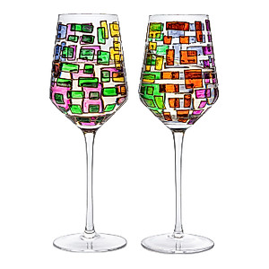 Artisanal Hand Painted Stemmed Wine Glasses - Gift for, Friends, Girlfriends, Sagrada Renaissance Stain-glassed Windows Wines Glass Set of 2 - Gift Idea for Birthday, Housewarming, Extra Large Goblets