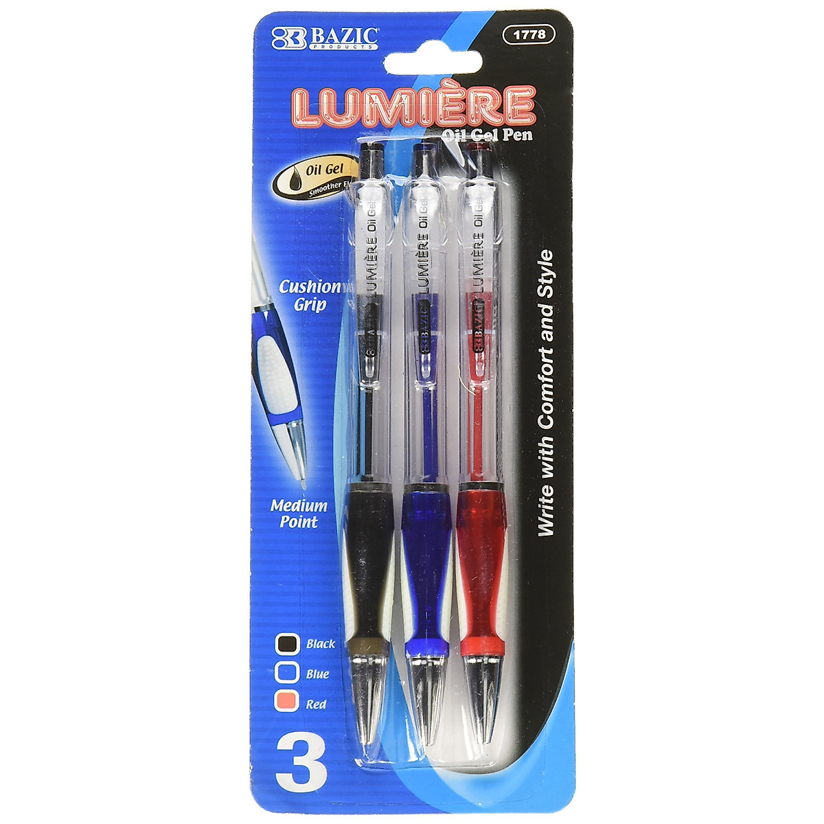 BAZIC Lumiere Asst. Color Retractable Oil-Gel Ink Pen w/ Grip (3/Pack) (1778)