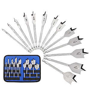 COMOWARE 13 Pcs Spade Drill Bit Set - Paddle Flat Bits Set for Woodworking, SAE, Portable Nylon Storage Holder