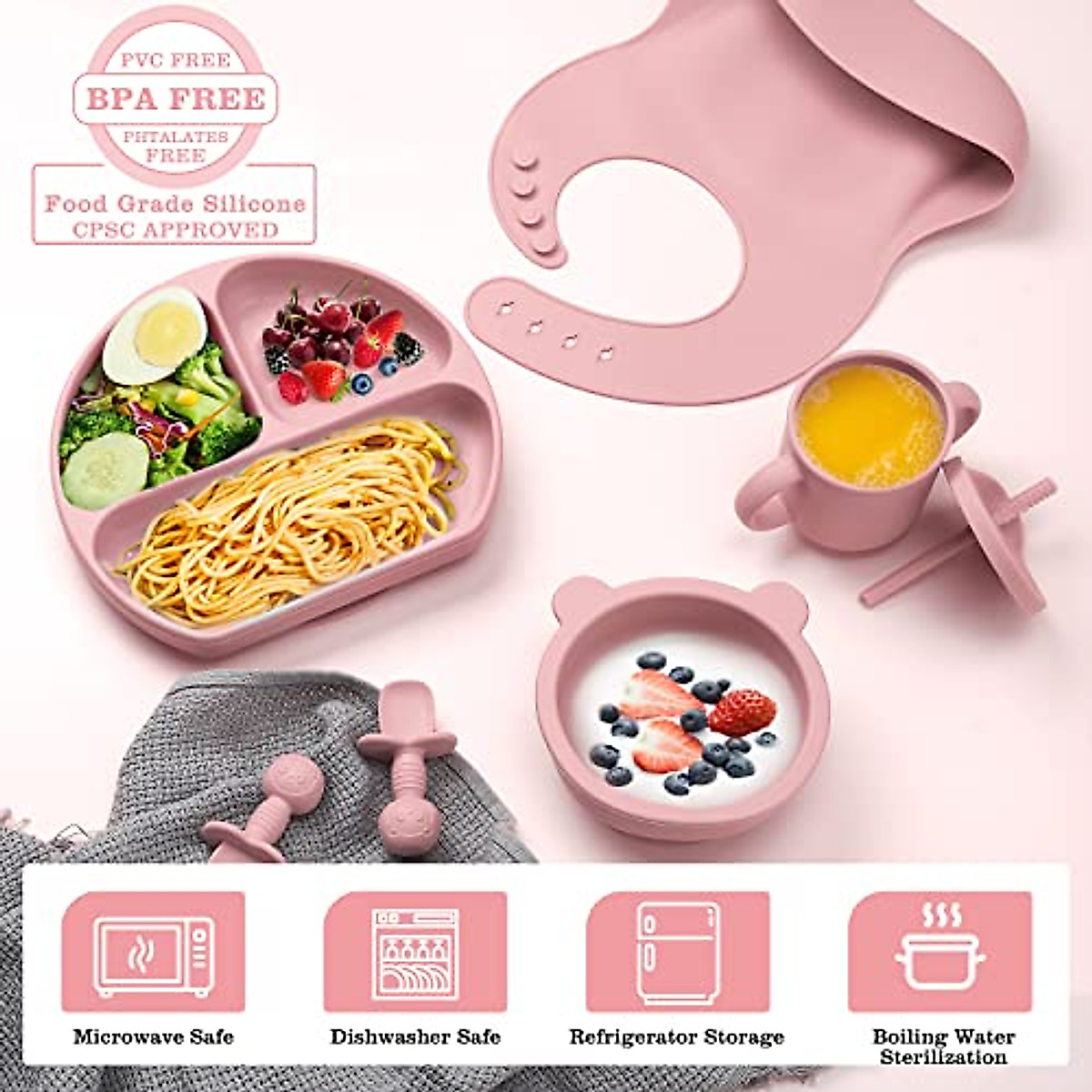 Silicone Baby Feeding Set, Baby Led Weaning Supplies with Suction Bowl Divided Plate, Toddler Self Feeding Dish Set with Spoons Forks Sippy Cup Adjustable Bib, Eating Utensils for 6+ Months(Pink)
