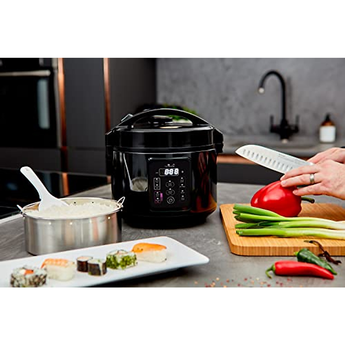 Yum Asia Kumo YumCarb Rice Cooker with Ceramic Bowl and Advanced Fuzzy Logic, (5.5 Cups, 1 Litre), 5 Rice Cooking Functions, 3 Multicooker Functions, 110V US Power (Dark Stainless Steel)