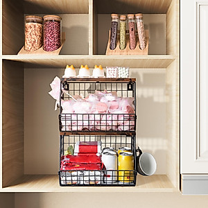 Mefirt 2pcs Fruit Basket Onion Storage Wire Baskets with Wood Lid, Stackable Wall-mounted & Countertop Tiered Kitchen Counter Organizer for Snack, Fruit and Vegetable Storage, 11.8 * 7.9 * 8.5 Inches