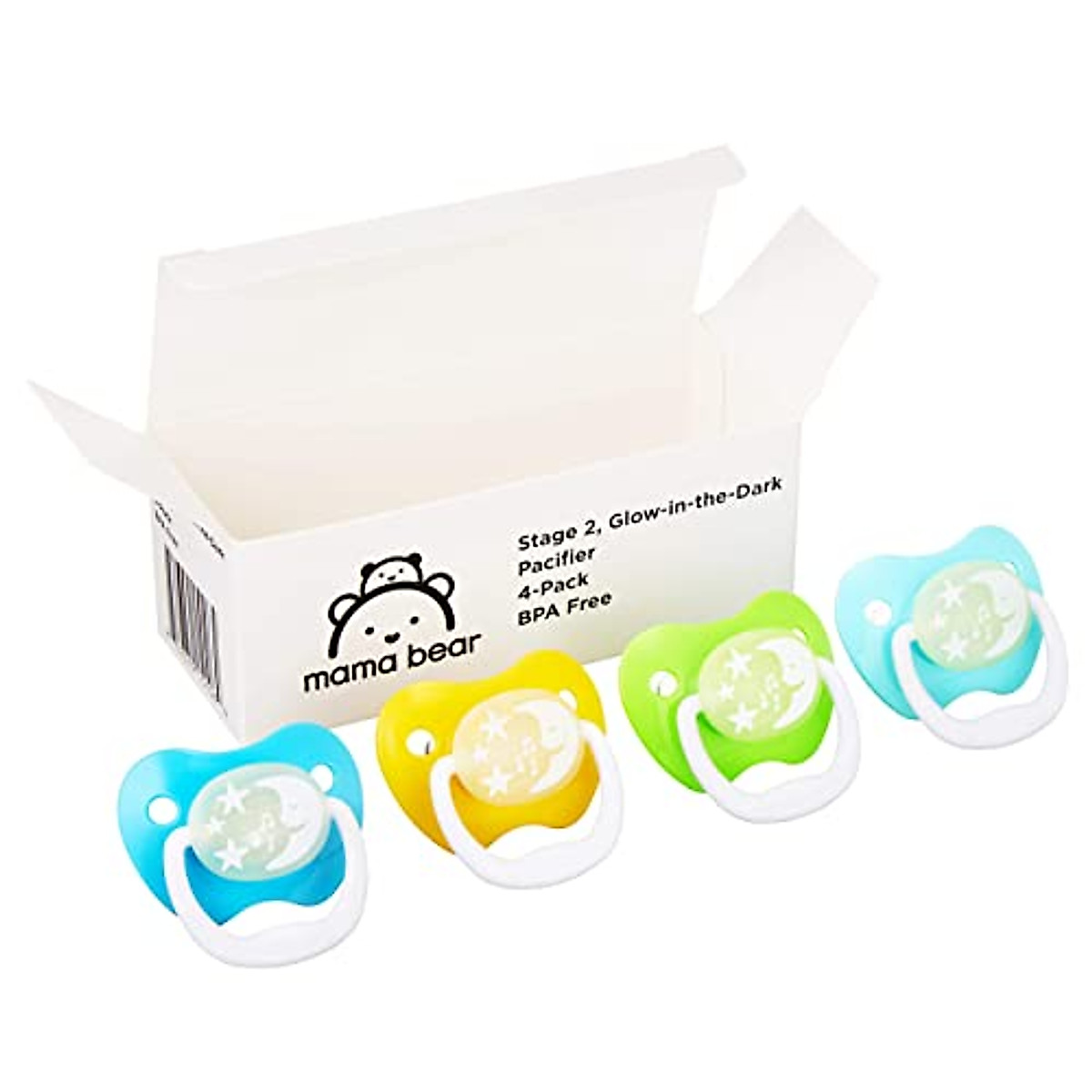 Amazon Brand - Mama Bear Glow-in-the-Dark Baby Pacifier, Stage 2 (6-12M), BPA Free, Assorted Colors, 4 count (Pack of 1)