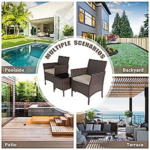 PayLessHere 3-Piece Outdoor Wicker Conversation Bistro Set Outdoor Patio Porch Furniture Sets for Yard, Garden with 2 PE Rattan Wicker Chairs, 2 Cushions,1 Coffee Table (Khaki)