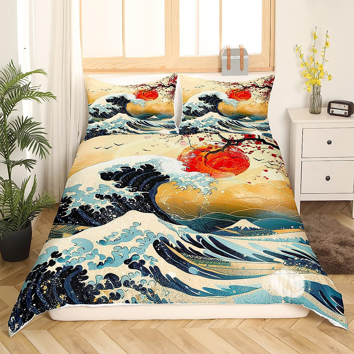 Feelyou Japanese Wave Bedding Set King Size Kids Cherry Blossoms Comforter Cover Set for Boys Girls Teens Japanese Ukiyoe Theme Home Decor Duvet Cover Red Sun Japanese Style Bedspread Cover