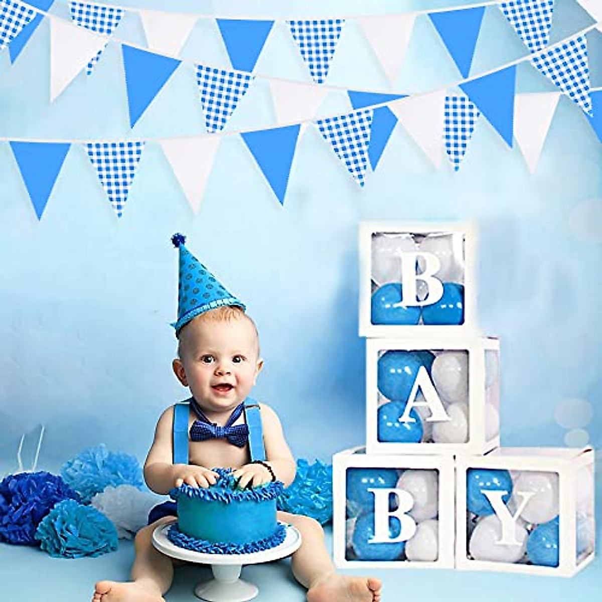 32Ft Blue Party Decorations Blue Buffalo Plaid Checkered White Triangle Flag Gingham Pennant Bunting Fabric Garland for Picnic Racing Car BBQ Birthday Wedding Carnival Party Outdoor Home Garden Decor