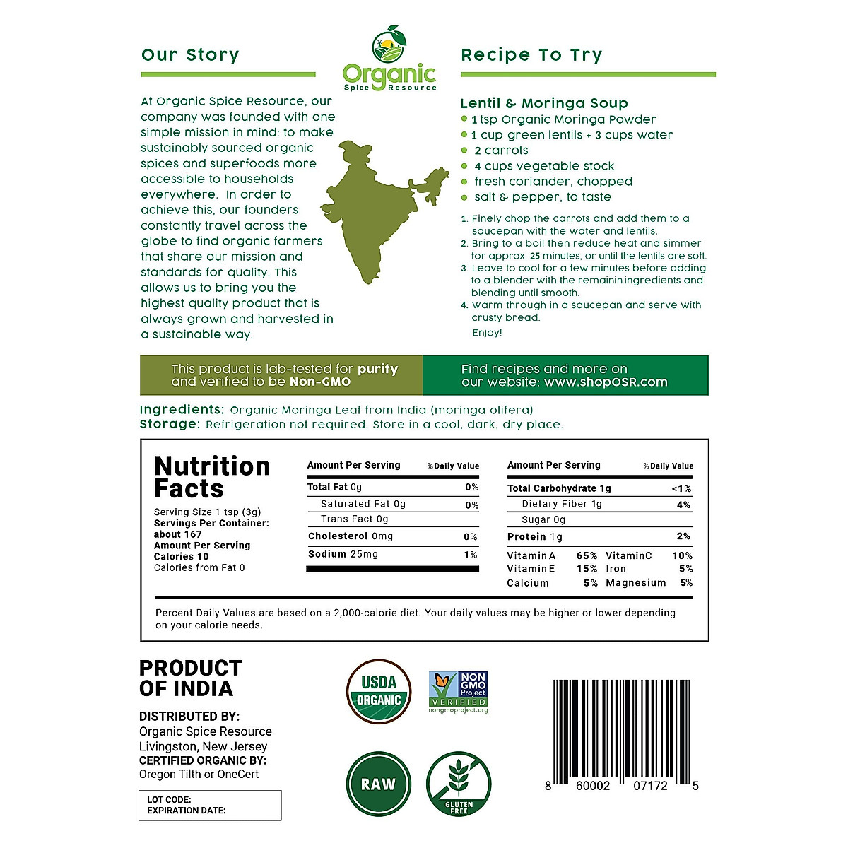 Organic Moringa Powder - 1.10 lbs (17.64 oz) | USDA Organics, Non-GMO, Kosher, Halal, Moringa Olifera Powder - 100% Raw and Natural, by SHOPOSR