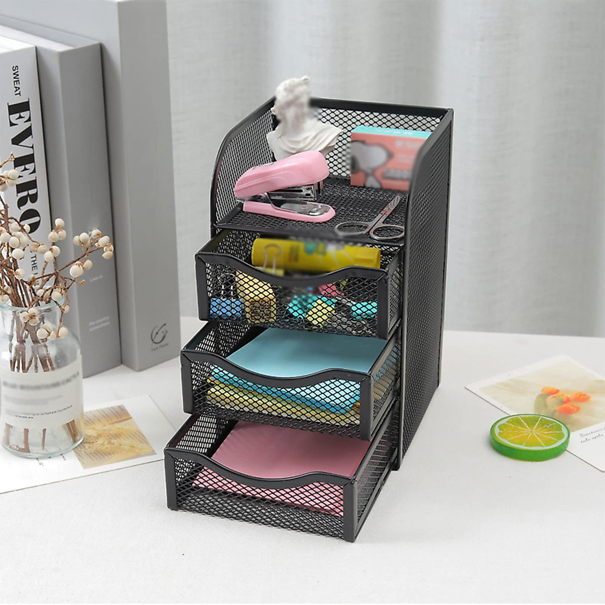 Lovskoo Mesh Desk Organizer with 3 Drawers - Office Desk Accessories & Workspace Organizer - Black