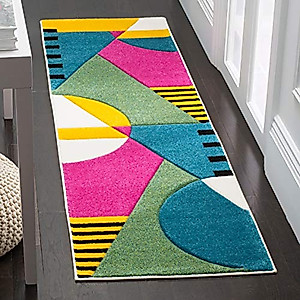 SAFAVIEH Hollywood Collection 4' x 6' Peacock Blue / Fuchsia HLW706C Mid-Century Modern Non-Shedding Living Room Bedroom Accent Rug
