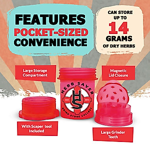 Large HerbSaver Grinder- Medical Grade Plastic Grinder with Razor Sharp Teeth, Pocket-Sized, Durable & Portable - Ideal for Grinding Herbs and Spices (Red)
