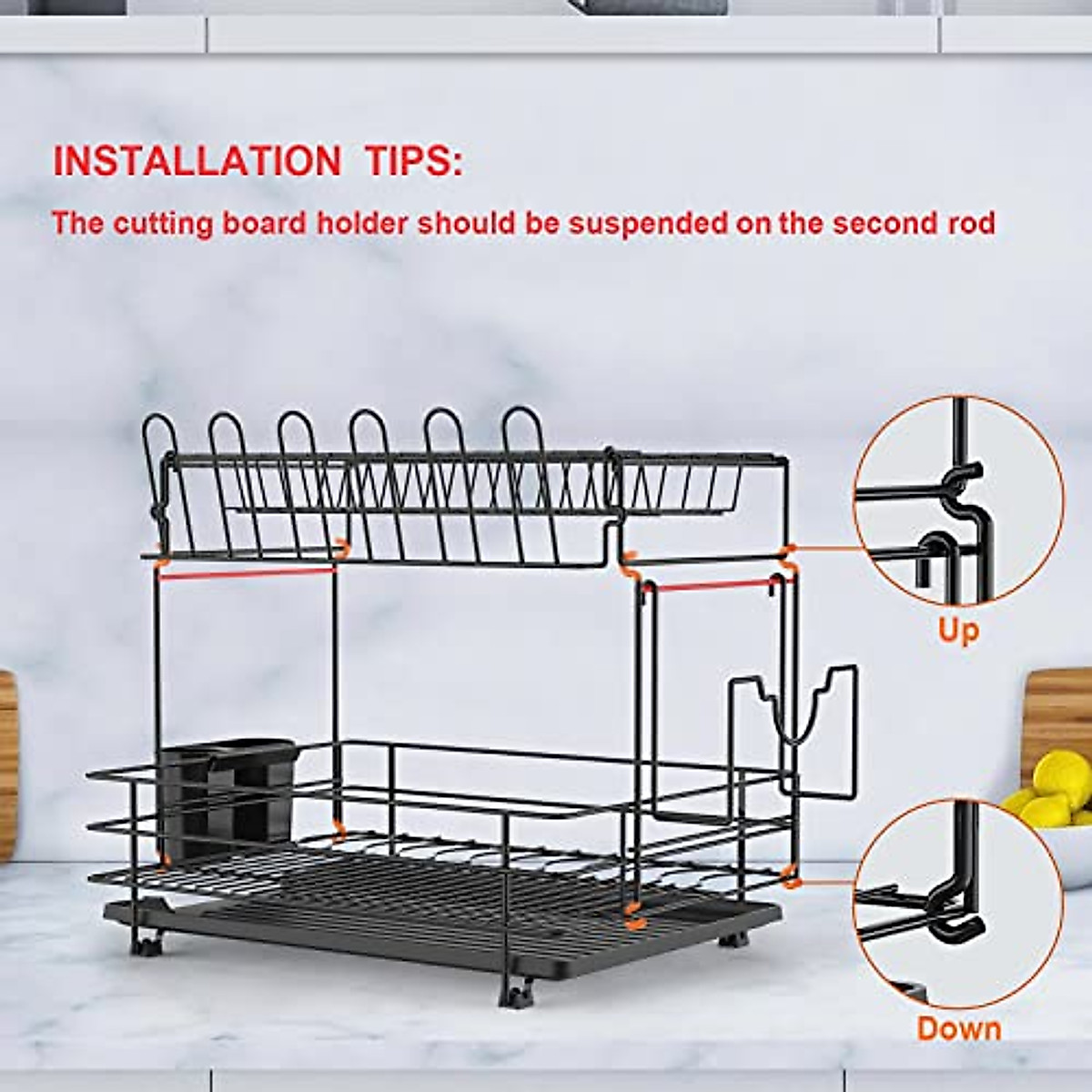 Dish Drying Rack, Auledio Dish Organizer 2 Tier Dish Drain with Utensil Holder, Cutting Board Holder, Cup Holder, Dish Racks for Kitchen Counter
