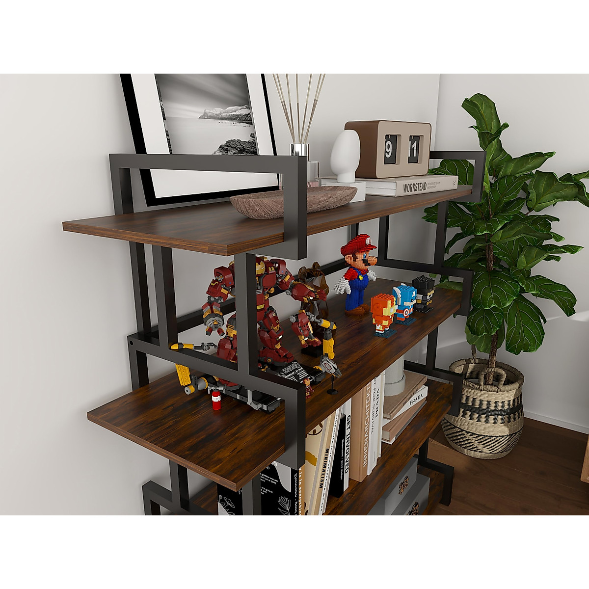 JOIN IRON 4-Tier Modern Industrial Ladder Bookshelf, Rustic Wood and Metal Shelving Unit with Ample Storage, Sturdy Display Rack for Home, Office, and Living Room Decor