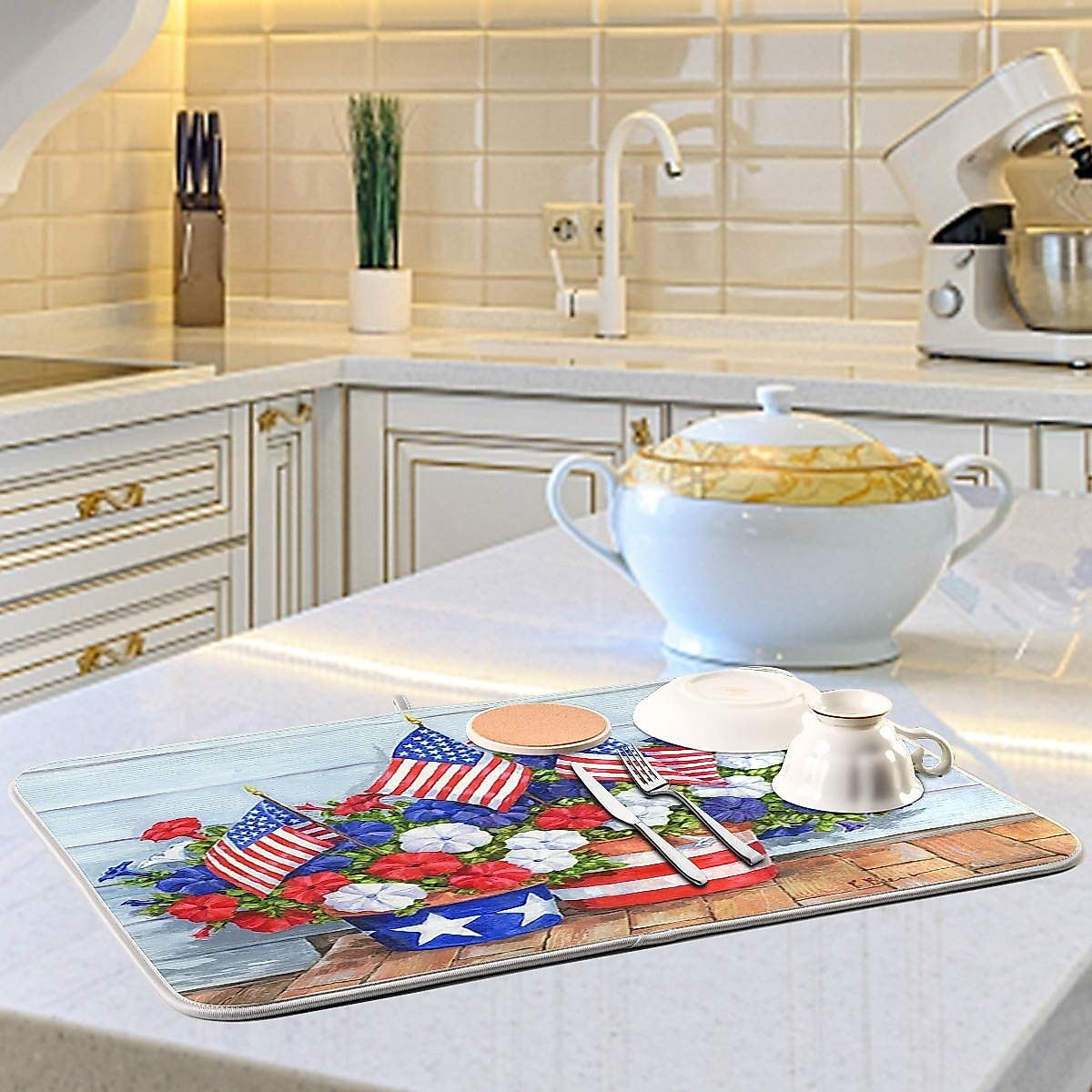 American Flag Spring Summer Flower Poppy Dish Drying Mat 18x24 for Kitchen Memorial Independence Day 4th of July USA Flag Dishes Pad Dish Drainer Rack Mats Absorbent Fast Dry Kitchen Accessories