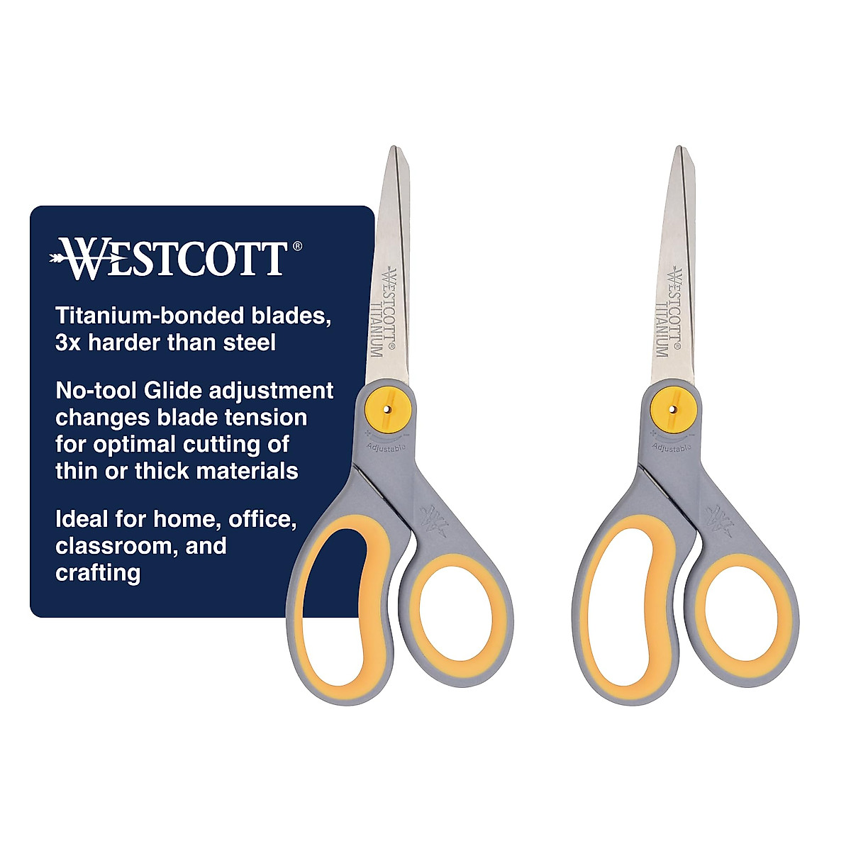 Westcott 13901 8-Inch Titanium Scissors For Office and Home, Yellow/Gray, 2 Pack
