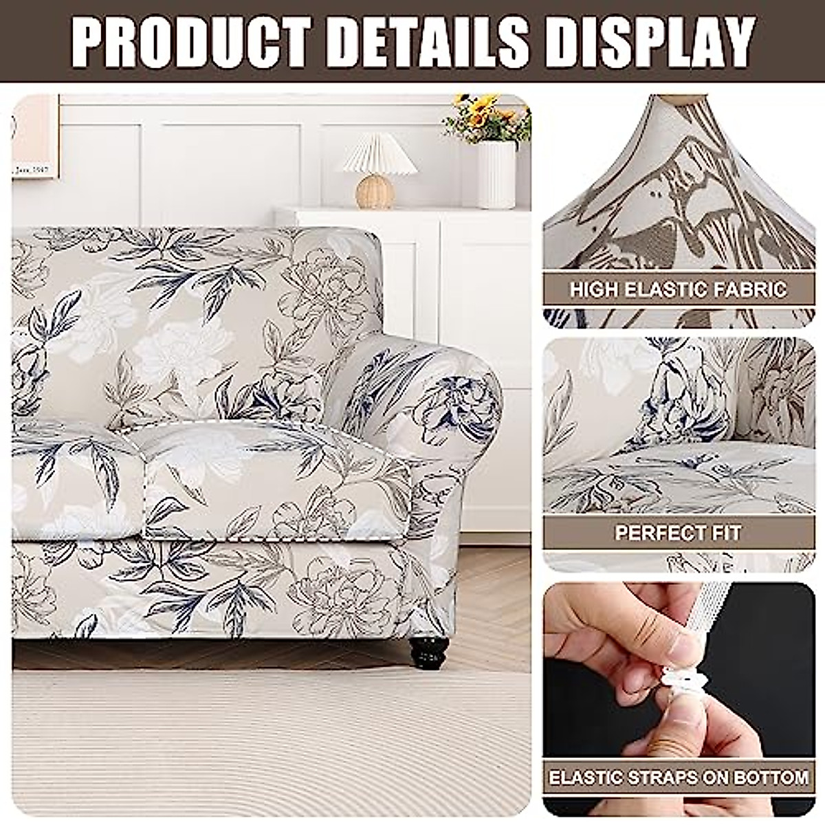 SearchI Stretch Sofa Cover Printed Couch Covers, Floral Pattern 2 Piece Armchair Slipcover with Separate Chair Cushion Cover, Washable Furniture Protector for Living Room(Armchair, Flower Shadow)