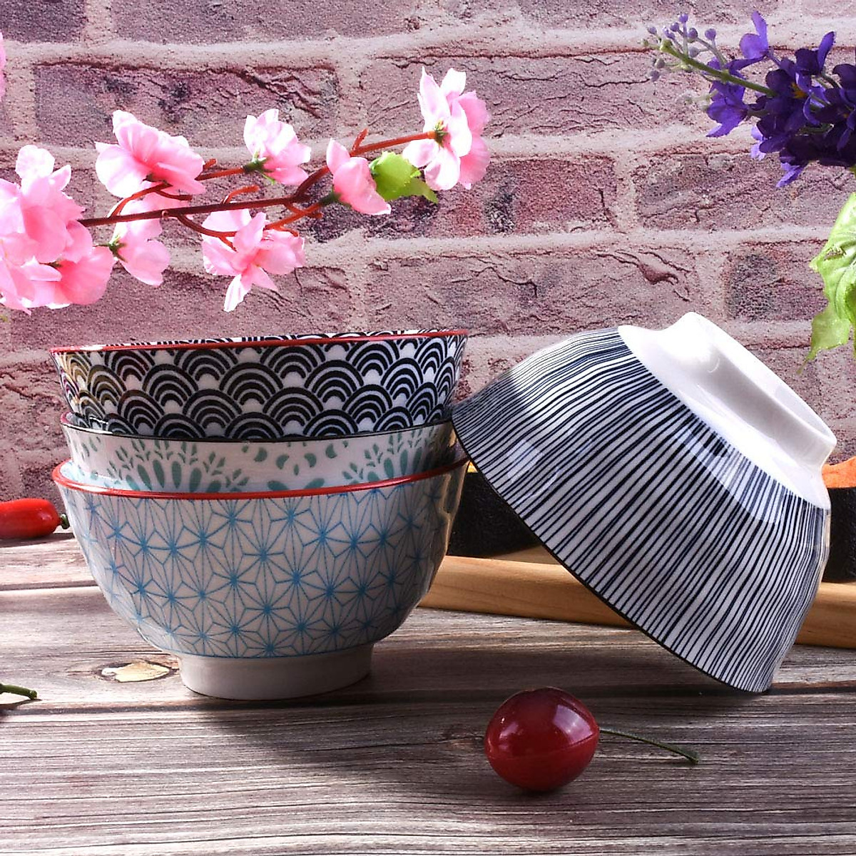 BOSILI Japanese Style Ceramic Rice Bowls set of 4 Color For Dessert Snack Cereal Soup