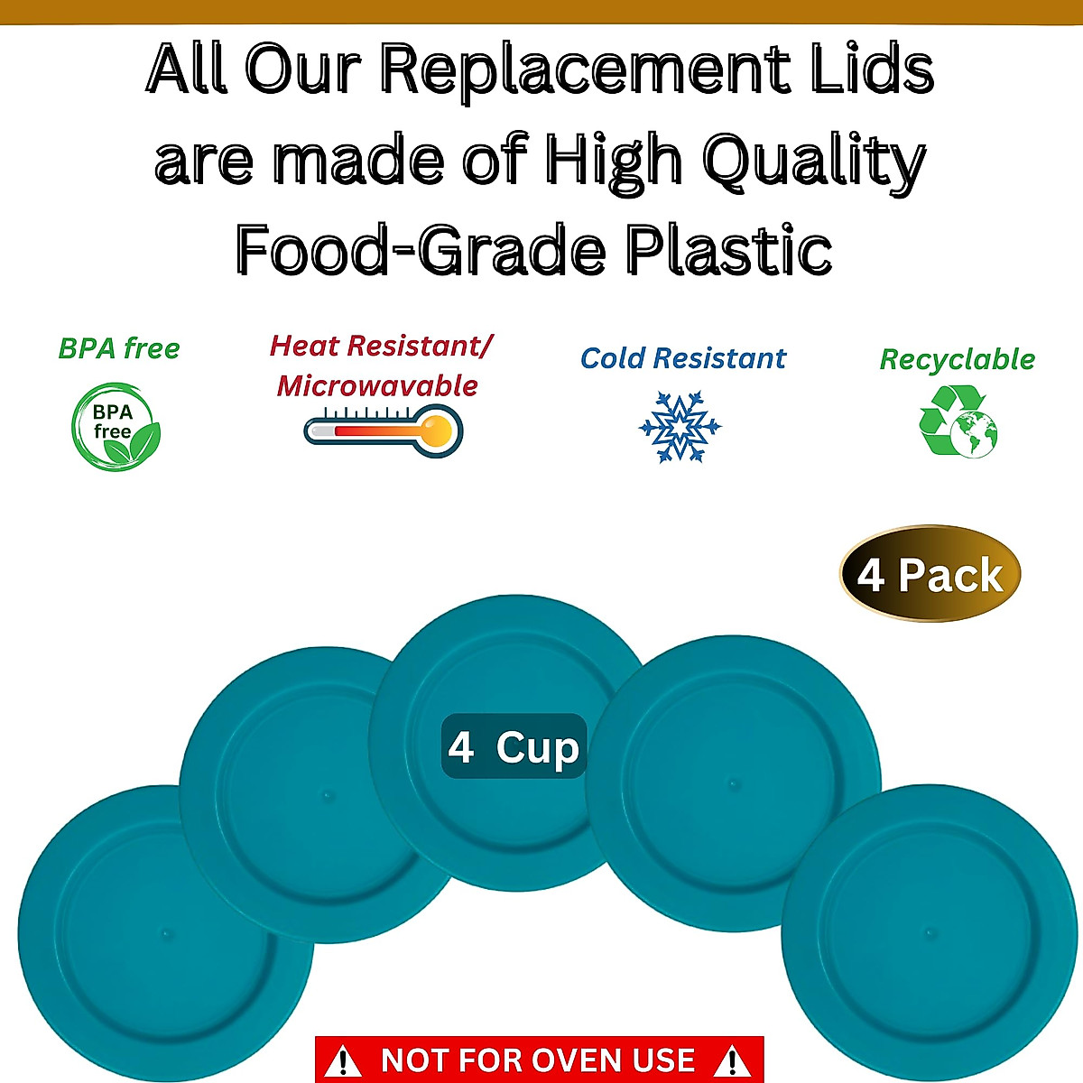 Klare Ware 4 Cup Replacement Lids/Covers for Pyrex 7201, Anchor Hocking & Klare Ware Storage Bowls (Glass Container Not Included) Microwave, Freezer & Top Rack Dishwasher Safe (4 Pack, Turquoise)