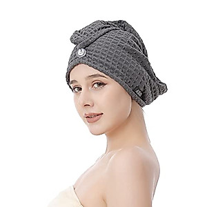 AIKAOS Microfiber Hair Towel Wrap for Women and Men,2 Button-Loop Closure,Super Absorbent Quick Hair Drying Waffle Weave Towels for Drying Curly, Long,Thick Hair ((Grey))