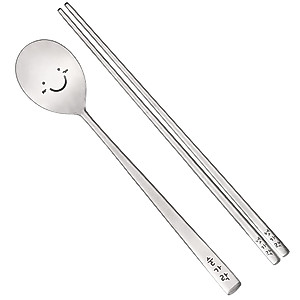 BAPMOO Korean Chopsticks and Spoon Set Combinations Reusable Long Handle Metal Stainless Steel Good for Gift Happy Face & Hangul Characters Engraved Silver