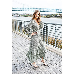 PRETTYGARDEN Women's Bohemian Dress Wrap V Neck Long Sleeve High Split Flowy Ruffle Floral Maxi Dress with Belt (Green, Medium)