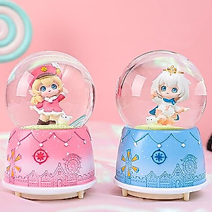 Cartoon Snow Globe Music Box, 80MM Musical Snow Globe with Color Changing LED Lights for Girlfriend Wife Girls Daughter Birthday (Blue)