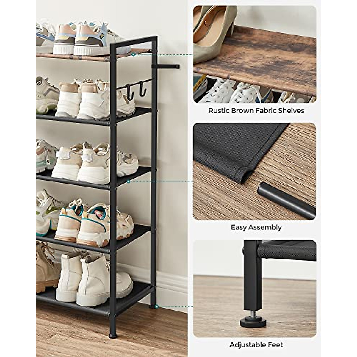 SONGMICS 5-Tier Shoe Storage Organizer and 8-Tier Tall Storage Rack Bundle, Shoe Storage Shelf, Narrow Shelf Organizer, Adjustable Feet, Rustic Brown, Black and Bronze ULMR035B01 and ULMR028A01