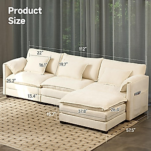 Real Relax 3 Seat L Shaped Convertible Sectional Sofa Couch, 112'' Chenille Modular Sofa with Removable Pillows and Double Layer Cushions, Beige
