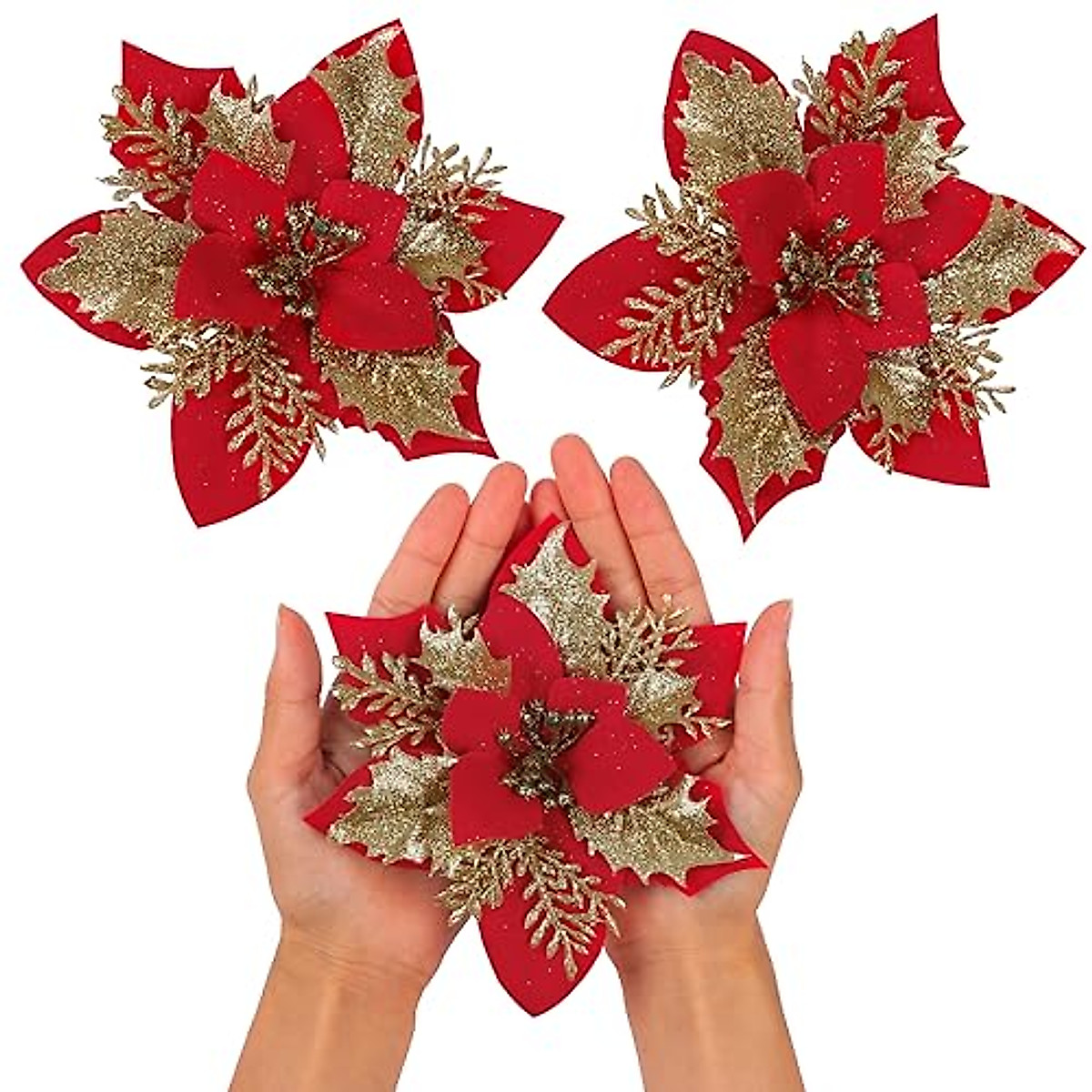 CEWOR 15 Pcs Christmas Poinsettia Flowers Glitter Artificial Flowers Decorations with Clips and Stems for Xmas Tree Wedding Party Wreath Fireplace Ornaments (Red and Gold)