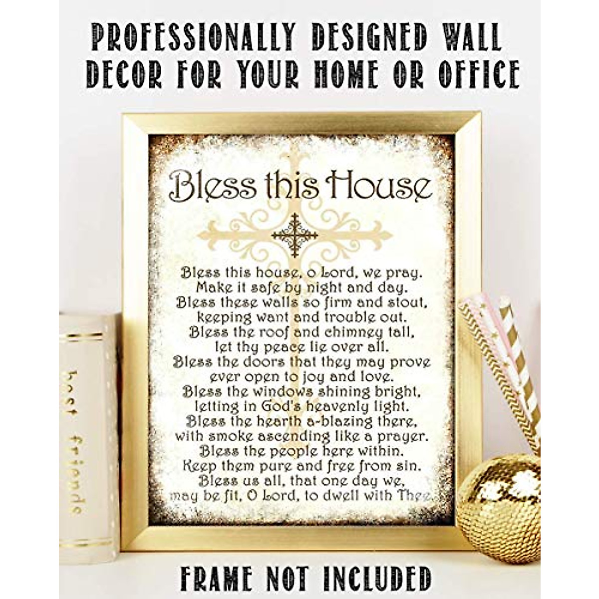 "Bless This House, O Lord, We Pray- Distressed Parchment Print- 8 x 10" Wall Art- Ready to Frame. Traditional Script Design-Home Décor- Kitchen Décor- Christian Gifts. Inspirational Prayer For All.