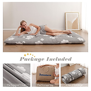 Zelladorra Japanese Floor Mattress, Futon Mattress with Portable Storage Bag and Washable Cover, Roll Up Thick Tatami Mat Suitable for Camping, Guest Room, Grey Cotton, Queen