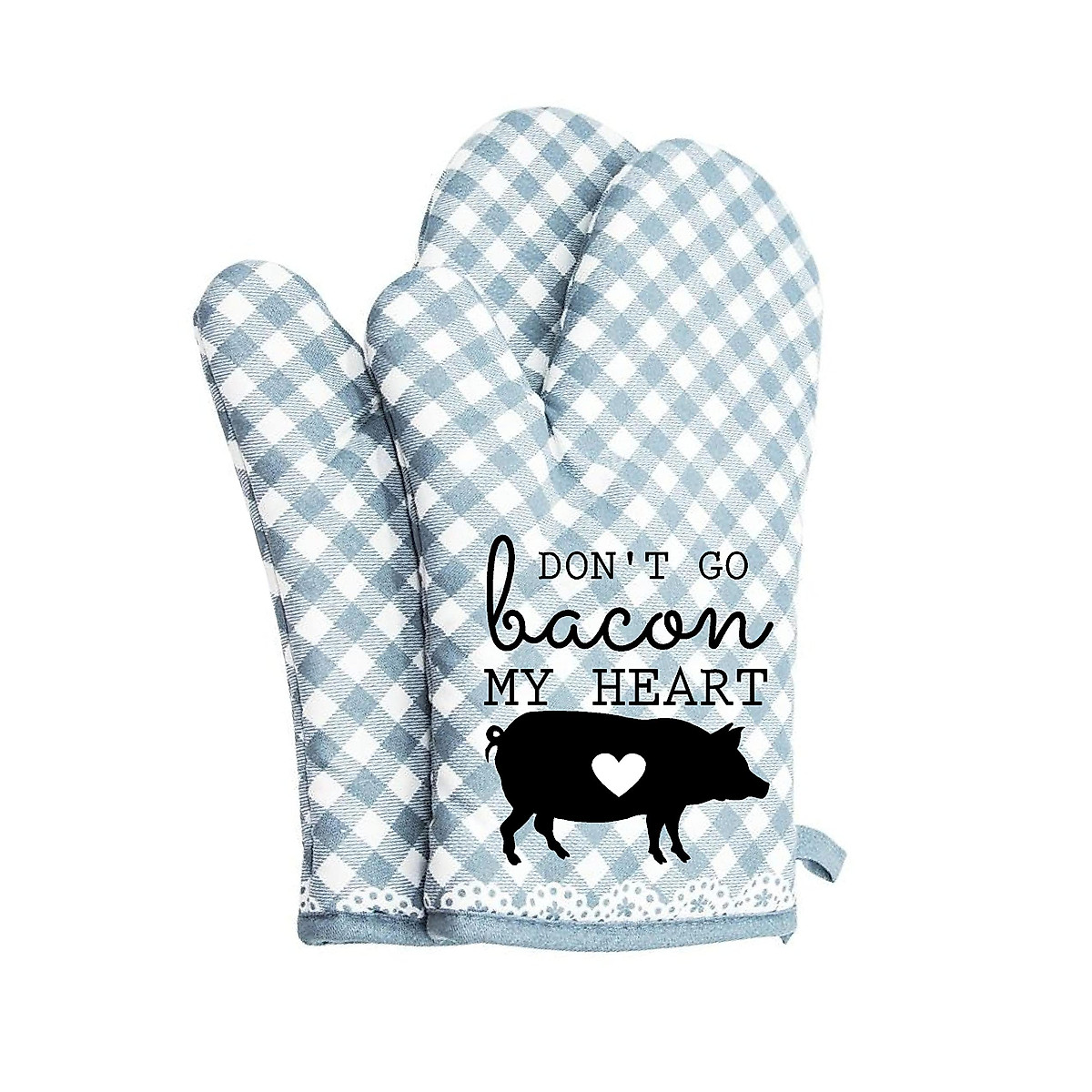 Oven mitts cute pair Don't go bacon my heart funny kitchen Potholders BBQ Gloves cooking baking grilling non slip cotton BLUE