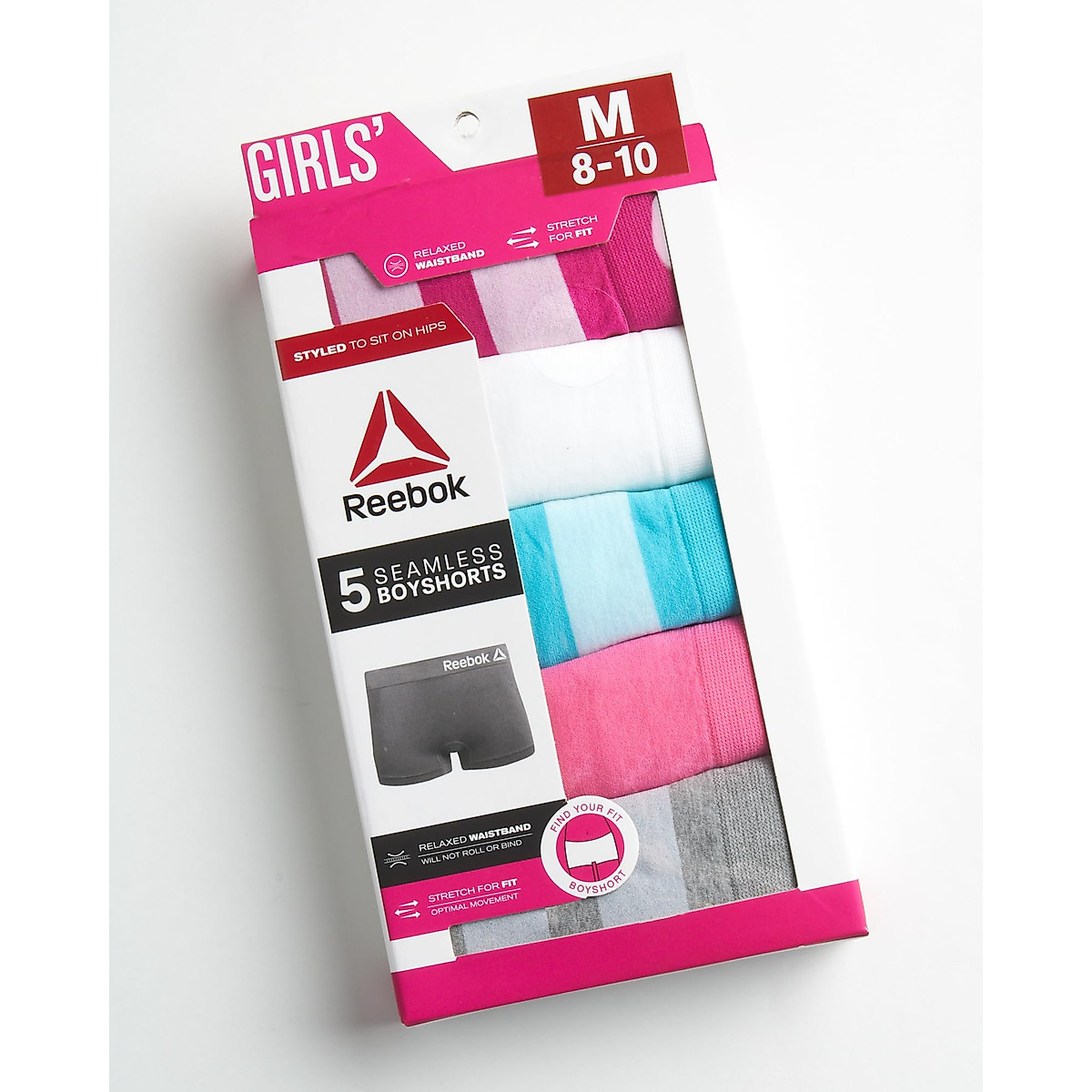 Reebok Girls' Boyshorts Underwear - 5 Pack Soft Seamless Girls Panties Boy Shorts - Breathable Panties for Girls (6-16), Size Medium, Fuchsia Stripes/White/Aqua Stripes/Pink/Sharkskin Stripes
