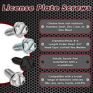 100 Pack License Plate Screws for Front and Back License Plates and License Plate Frames and Covers on Cars, Trucks, SUVs - Rust Resistant, #14x3/4 Slotted Hex Washer Self Tapping Screws Zinc Clear