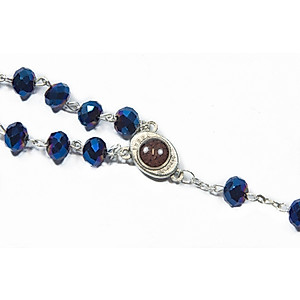 Nazareth Store Deep Blue Crystal Beads Rosary Catholic Necklace Holy Soil Medal Cross Crucifix Velvet Bag