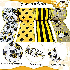 Bumble Bee Ribbon Wired 26 Yard Polka Dot Wired Edge Fabric Ribbon Bee Vertical Stripe Craft Ribbon Decorative Ribbon DIY for Wrapping, Party Decoration, Hair Bows, Crafting and Sewing