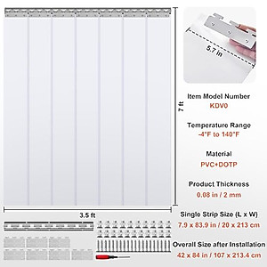 VEVOR Strip Curtain, 84" Height x 42" Width, 0.08" Thickness, 7PCS Clear PVC Strip Door Curtain, Freezer Curtain, Plastic Door Strips for Walk in Freezers, Coolers & Warehouse Doors, with 50% Overlap
