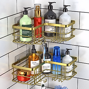 Yazoni Corner Shower Caddy, Adhesive Shower Shelves No Drilling [2-Pack], Rustproof Stainless Steel Bathroom Shower Organizer with 8 Hooks, Shower Shelf for Inside Shower (Gold)