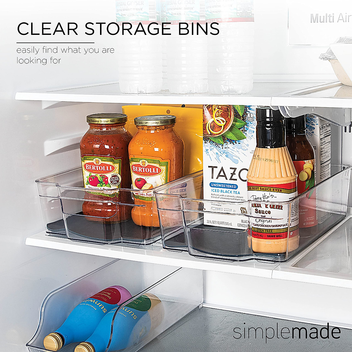Clear Refrigerator Organizer Bins - 2 Pack Large Sized (8.25" x 12.5") Clear Bins for Fridge with Liners, Containers for Fridge and Freezer, Multipurpose Storage for Kitchen, Office, Bathroom (Grey)