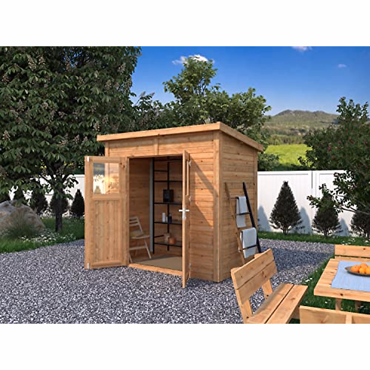 Leisure Season Urbano Lean to Shed Kit - Modern Weatherproof Outdoor Storage Shed with Floor, Doors, Plexiglass Windows, Pent Roof - Nordic Spruce Wood Shed Kit - Medium Brown, 8'x4' (URB8X47853)