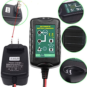 6V 12V Battery Charger 1.5A Automatic Battery maintainer trickle Battery Charger Smart Float Charger for auto car Motorcycle Lawn Mower Boat Motorcycle Snowmobile