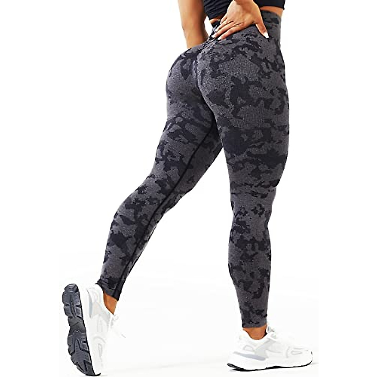 CFR Women's Big Camo Print Seamless Leggings High Waist Workout Stripe Butt Lifting Tummy Control Ruched Yoga Pants Compression Sports Stretch Workout Fitness Gym Exercise Daily Dress Camo Black M