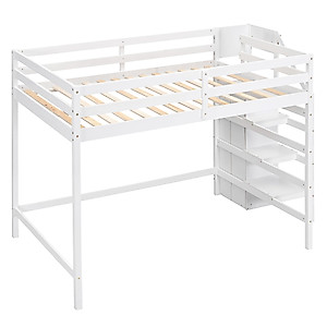 Harper & Bright Designs Full Loft Bed, Loft Bed Full Size with Storage Staircase and Wardrobe for Clothes, Wooden High Loft Bed Frame for Kids Girls Boys Bedroom, White