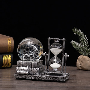 Antique Crystal Music Snow Globe with Sand Clock Timer Hourglass LED Music Globe Collectibles Home Decorations for Living Room Fireplace Mantel Silver Ferris Wheel