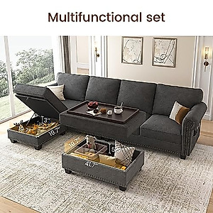 Nolany Convertible Sectional Sofa Couch, L Shaped Couch with Storage Ottoman Reversible Sofa with Chaise Small Sectional Couches for Living Room Set, Dark Grey