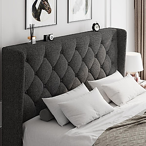 iPormis Queen Bed Frame Upholstered Wingback Platform Bed Frame with Diamond Button Tufted Headboard, 8" Under-Bed Space, Sturdy Wooden Slats, Noise-Free, No Box Spring Needed, Dark Gray